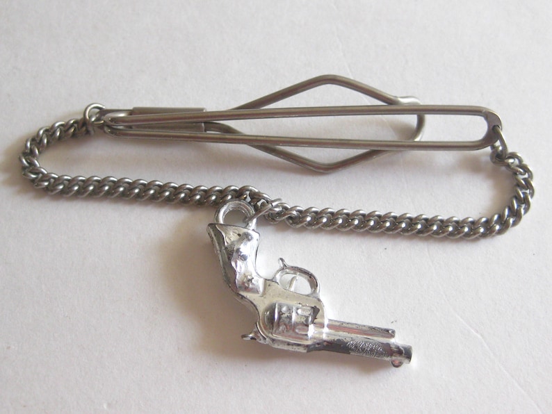 Gun Tie Bar Chain Pistol Revolver Clip Silver Tone Vintage - Etsy