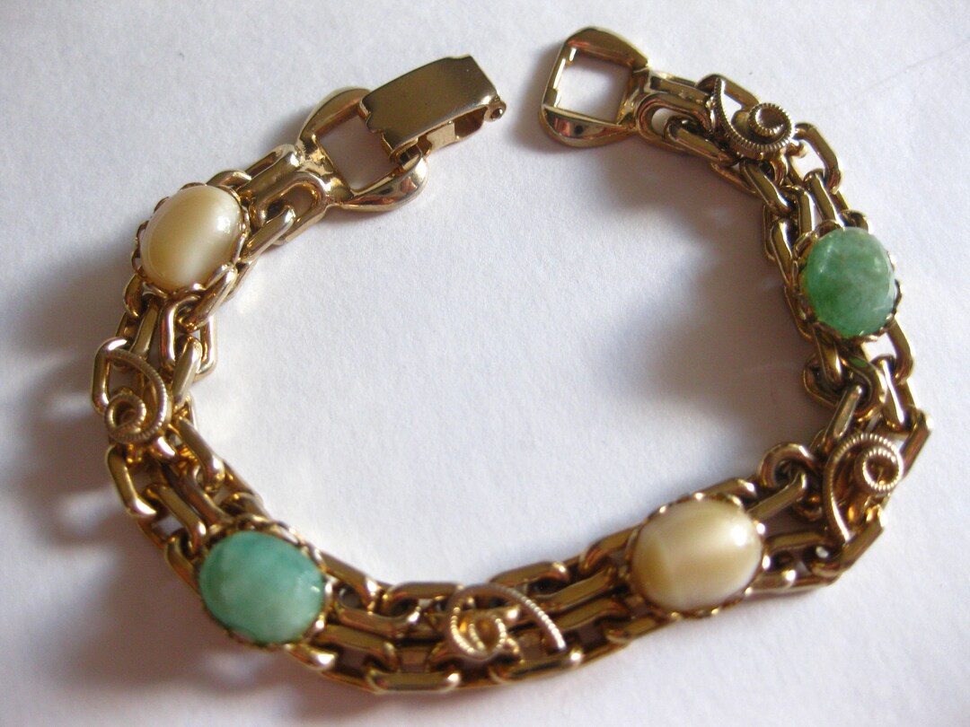 Bracelet Green Gemstone MOP 4 Stones Gold Link Vintage - Etsy