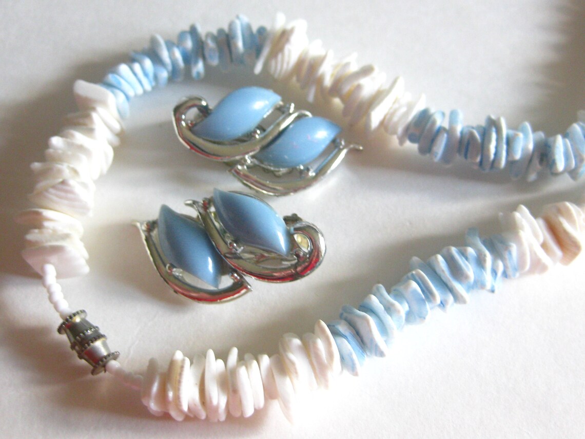 Light Blue Puca Shell Necklace Silver Celluloid Clip Earrings - Etsy