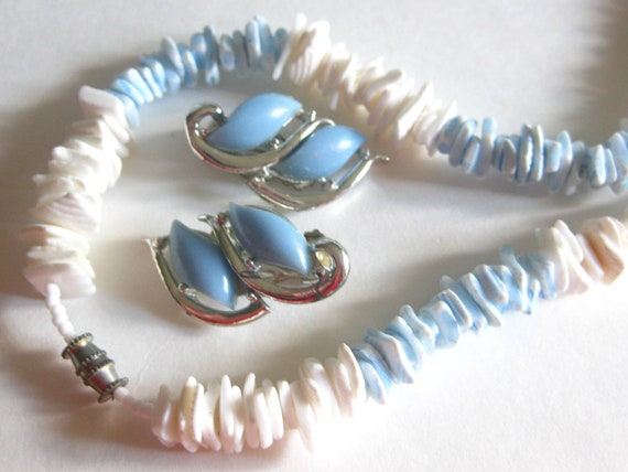 Light Blue Puca Shell Necklace Silver Celluloid Clip … - Gem