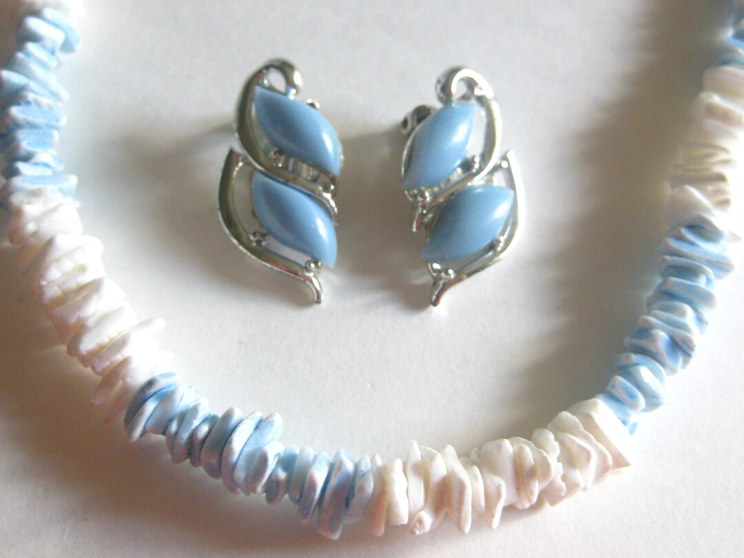 Light Blue Puca Shell Necklace Silver Celluloid Clip Earrings Lot 2 ...