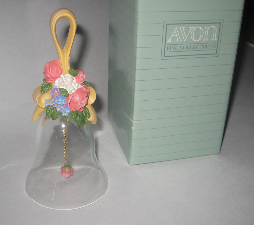 Avon Glass Crystal Bell Old Stock Original Box 1989 Floral Bouquet ...