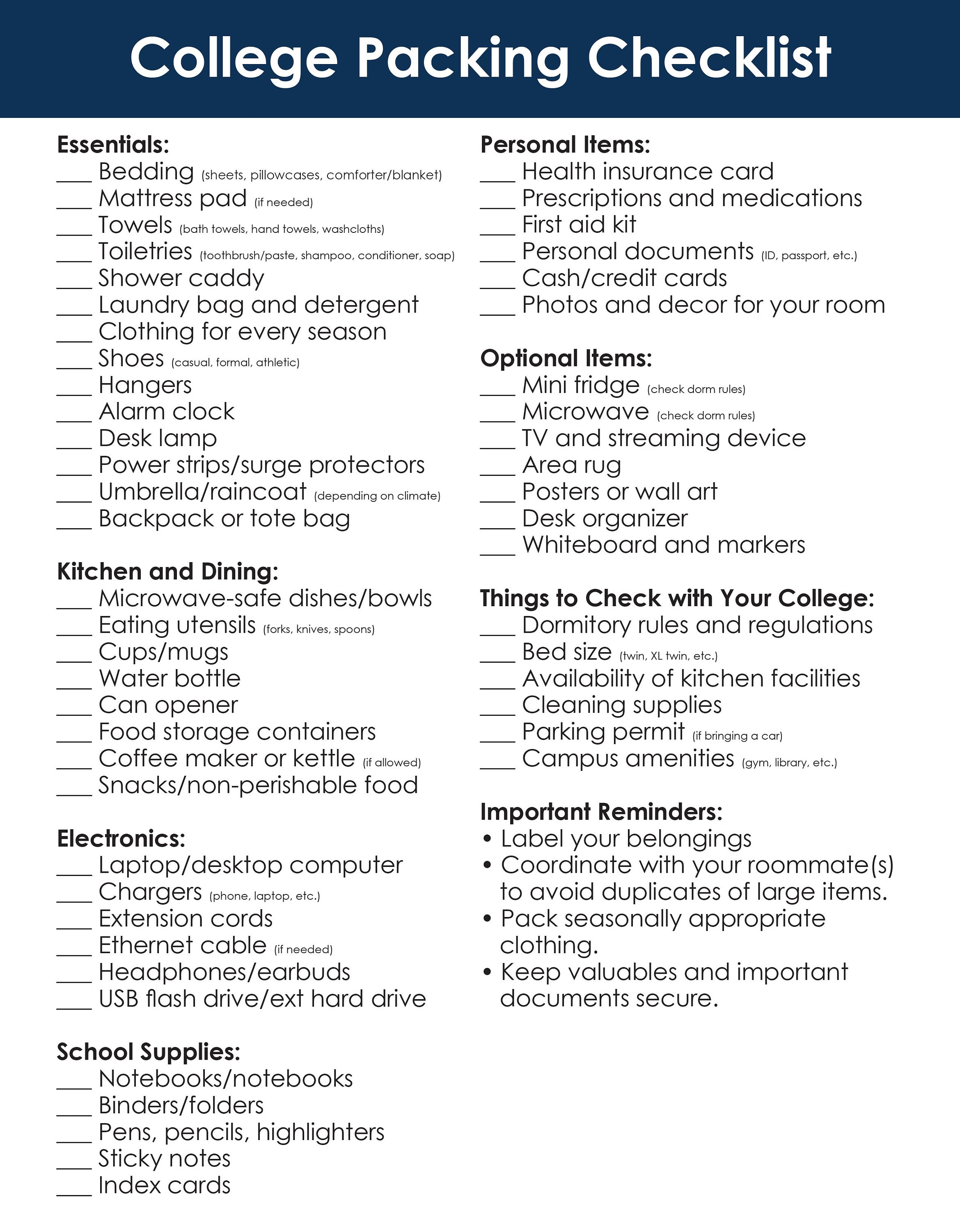 College Packing Checklist | Download Only - Etsy