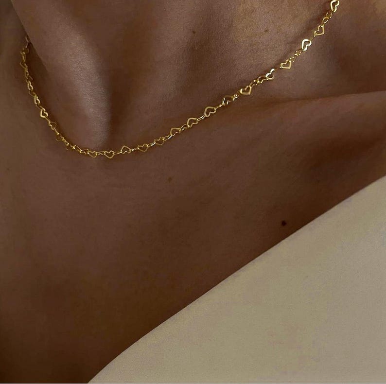 14k Gold Heart Chain Link Bracelet With Open Heart Necklace Set, Dainty ...