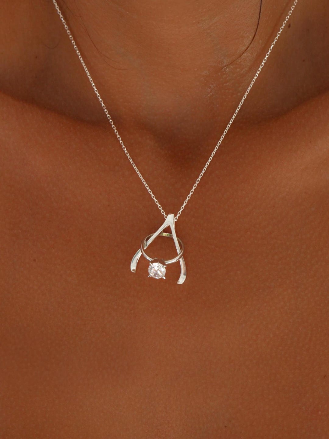 Wedding Ring Holder Necklace Gold, Silver Wishbone Engagement Ring ...