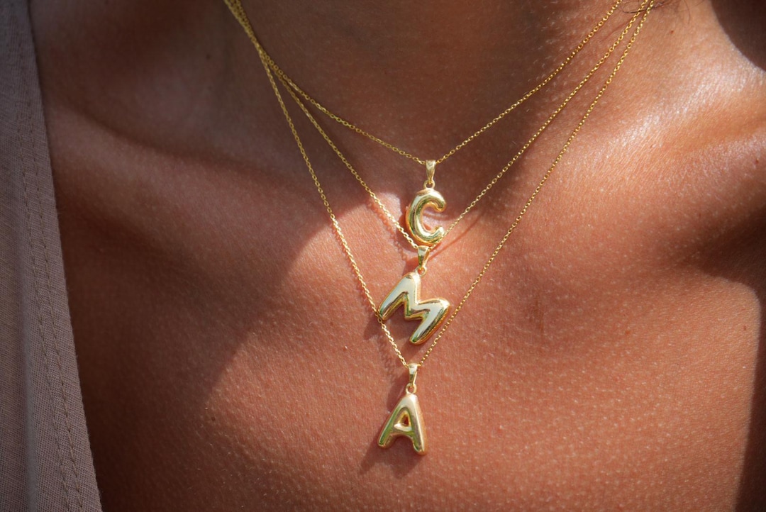 Bubble Letter Necklace, 14k Gold Satellite Beaded Chain Bubble Initial ...
