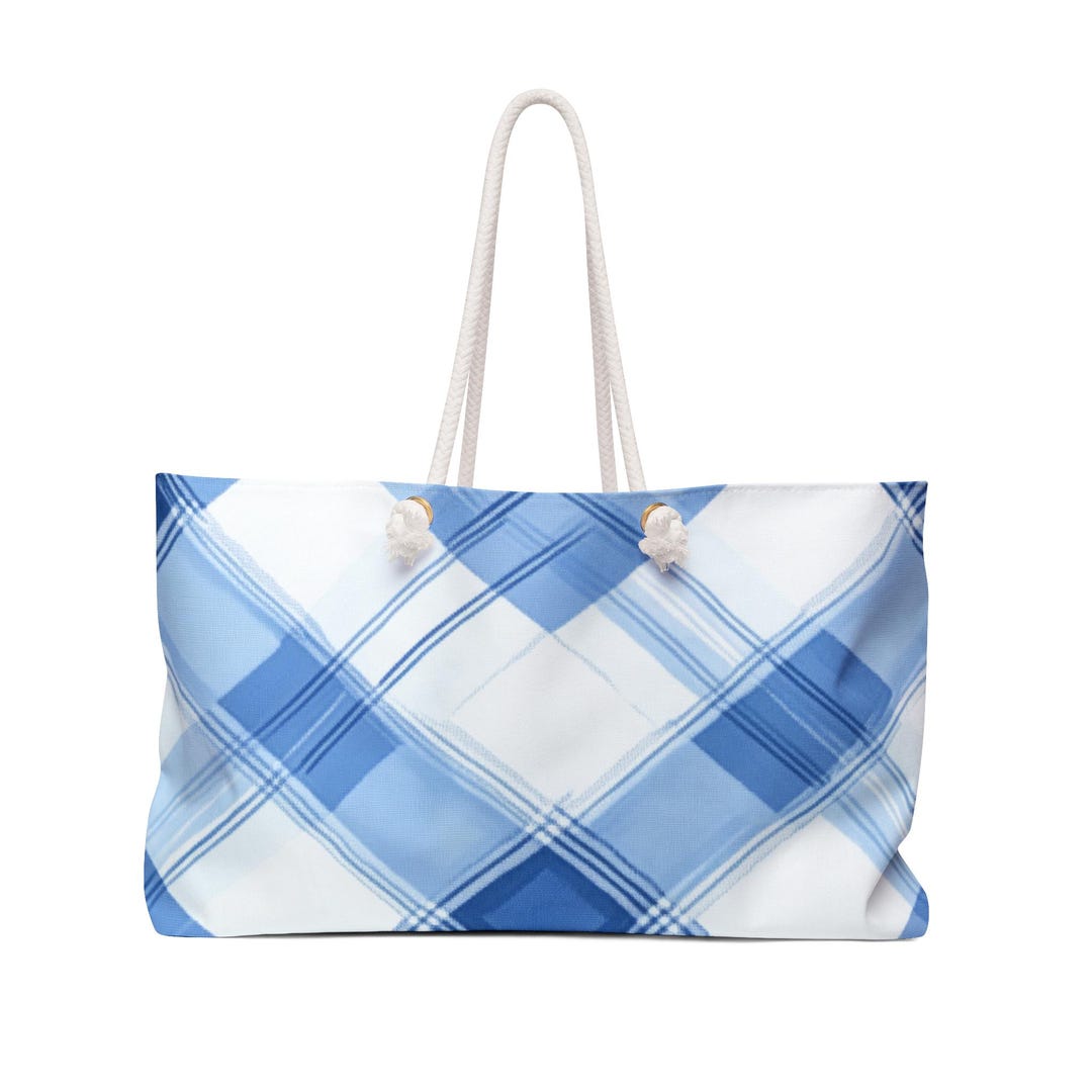 Blue and White Plaid Weekender Bag for Travel, Stylish Tote for Beach ...