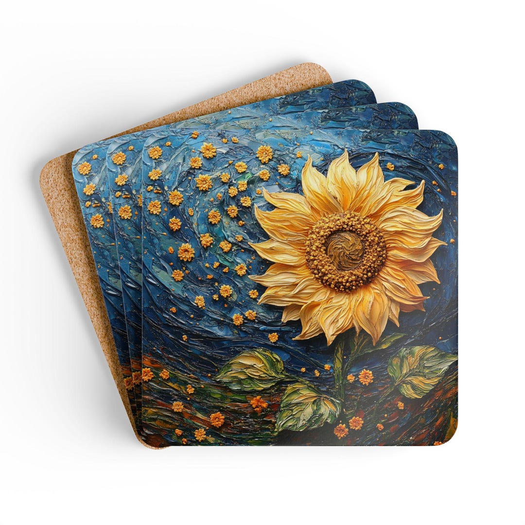 Sunflower Coaster Set: Van Gogh Inspired Cork Drink Coasters - Etsy