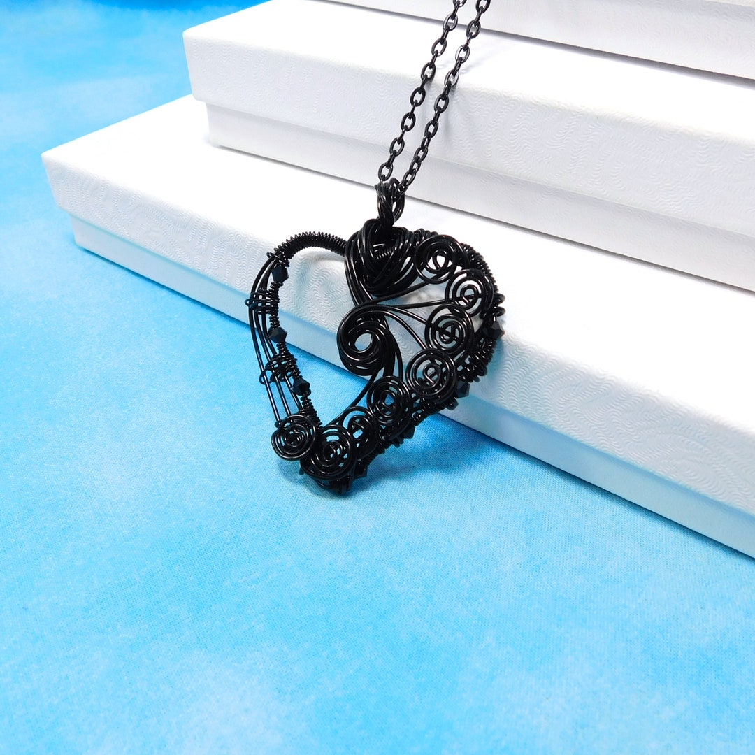 Artistic Black Heart Necklace, Woven Wire Heart Pendant, Handcrafted ...