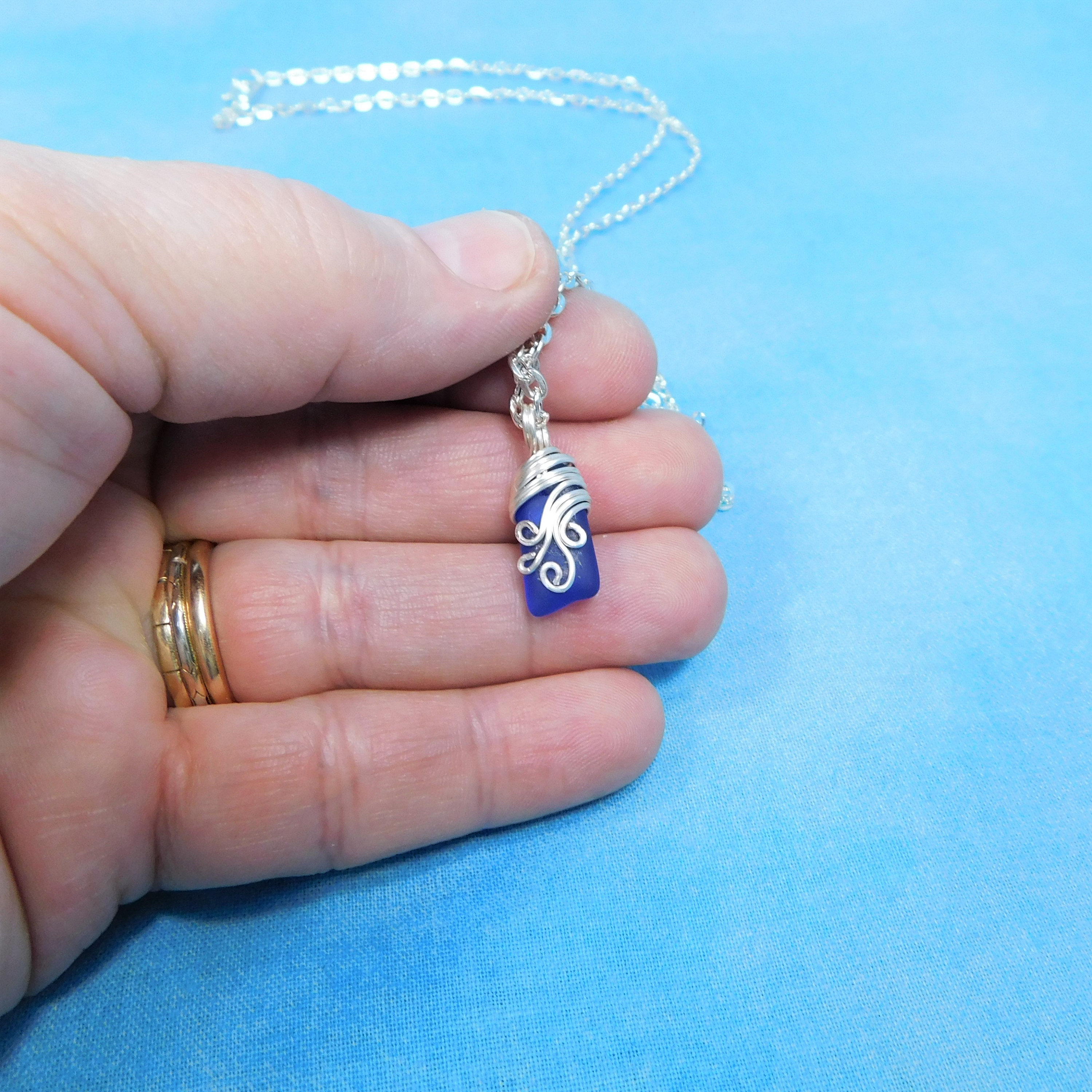 Artistic Blue Sea Glass Necklace, Unique Wire Wrapped Artisan Crafted ...
