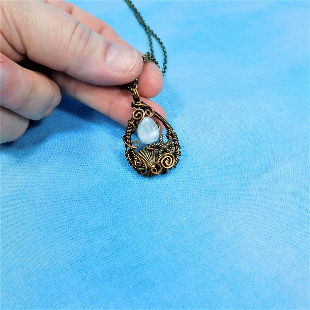 Wire Wrapped Aquamarine Seashell and Starfish Pendant March Birthstone ...