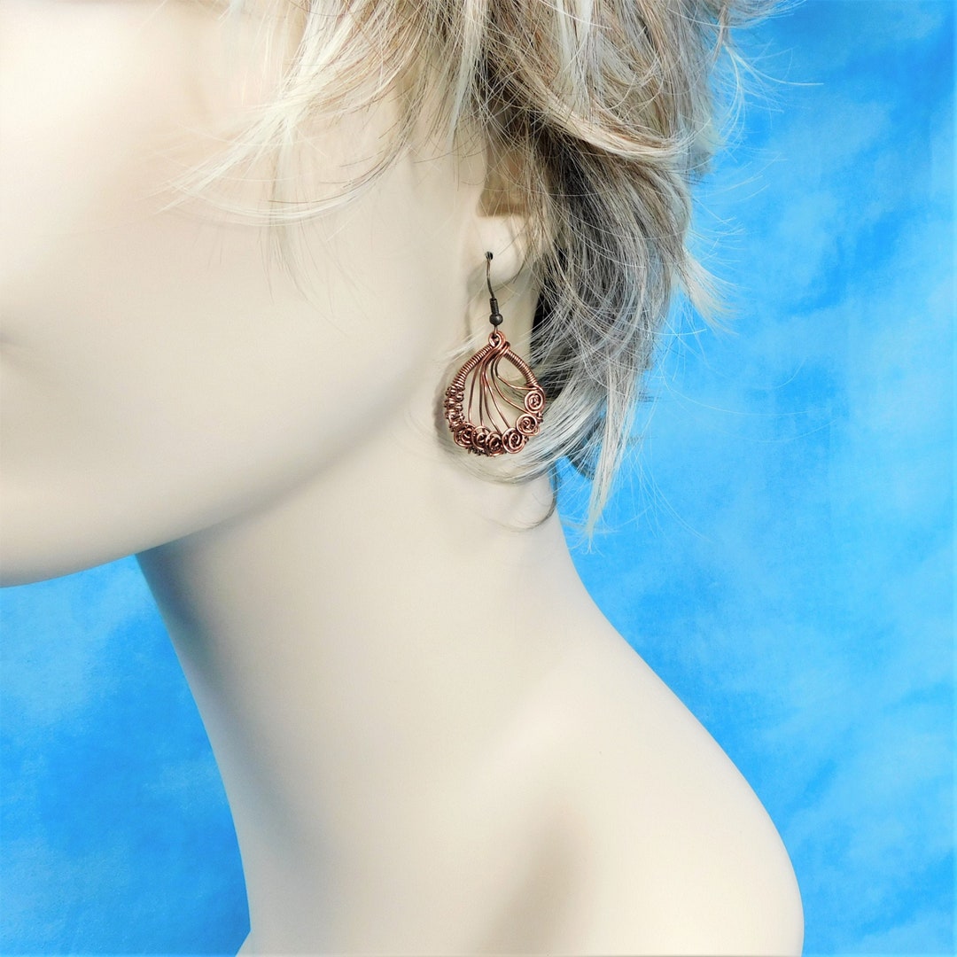 Wire Wrapped Copper Earrings Rustic Handmade Dangles Artisan Crafted