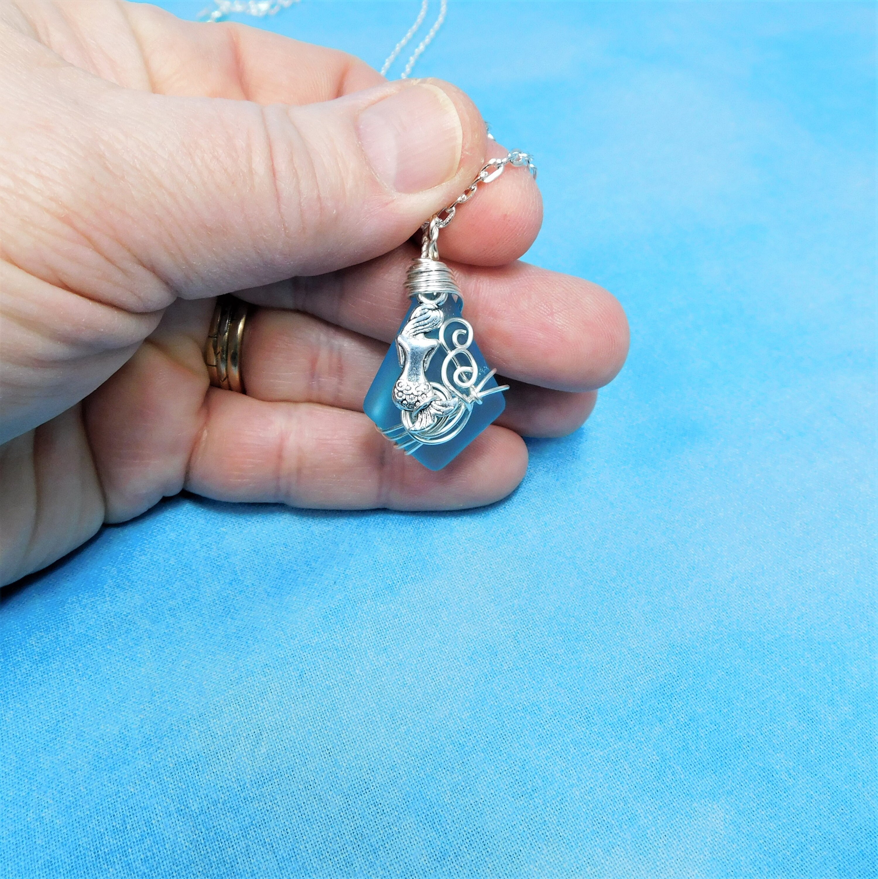 Unique Wire Wrapped Mermaid Sea Glass Necklace, Artisan Crafted Blue ...