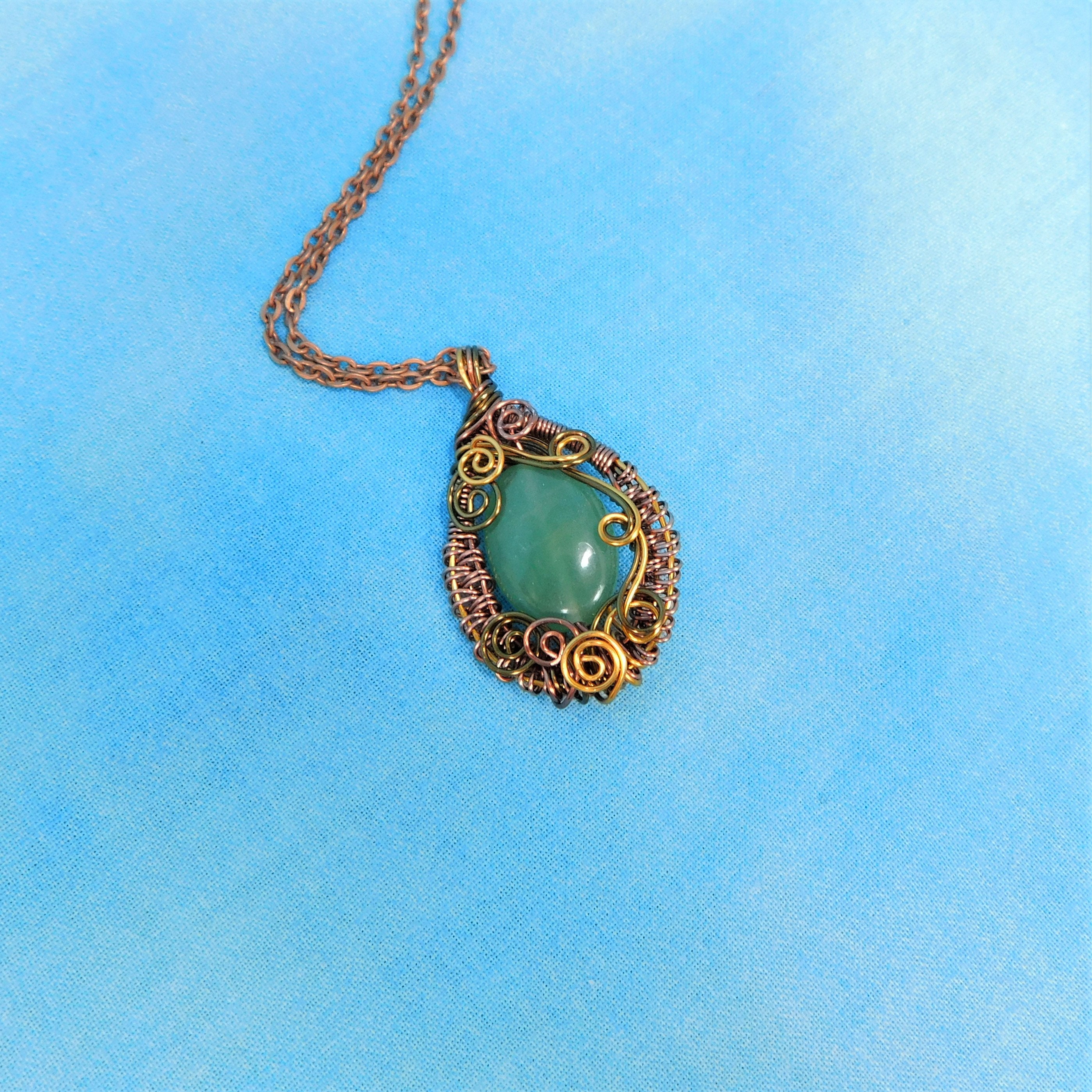 Wire Wrapped Green Jade Pendant, Woven Copper Gemstone Necklace, Unique ...