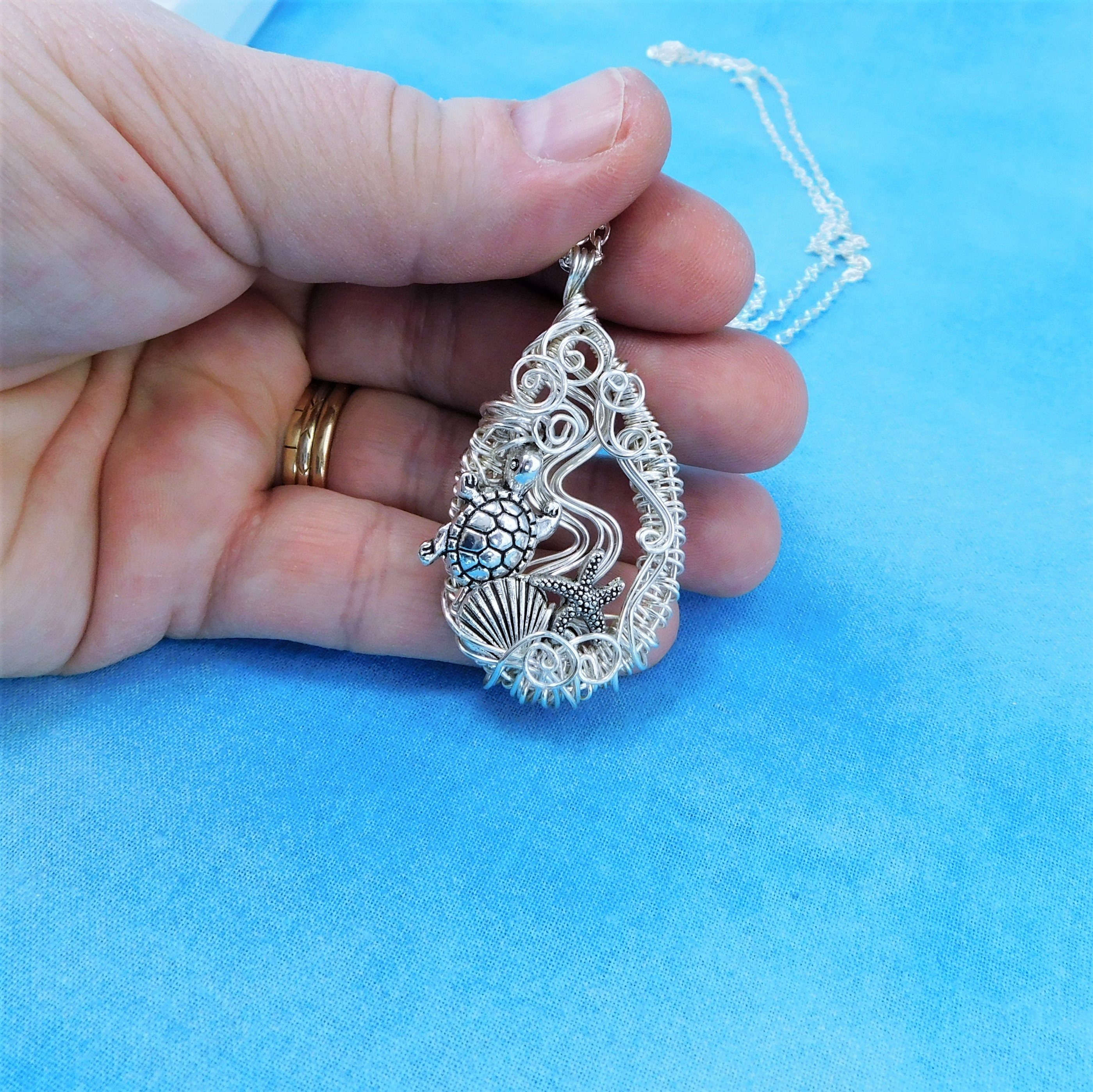 Woven Wire Sea Turtle Necklace, Artistic Sea Animal Pendant, Unique ...
