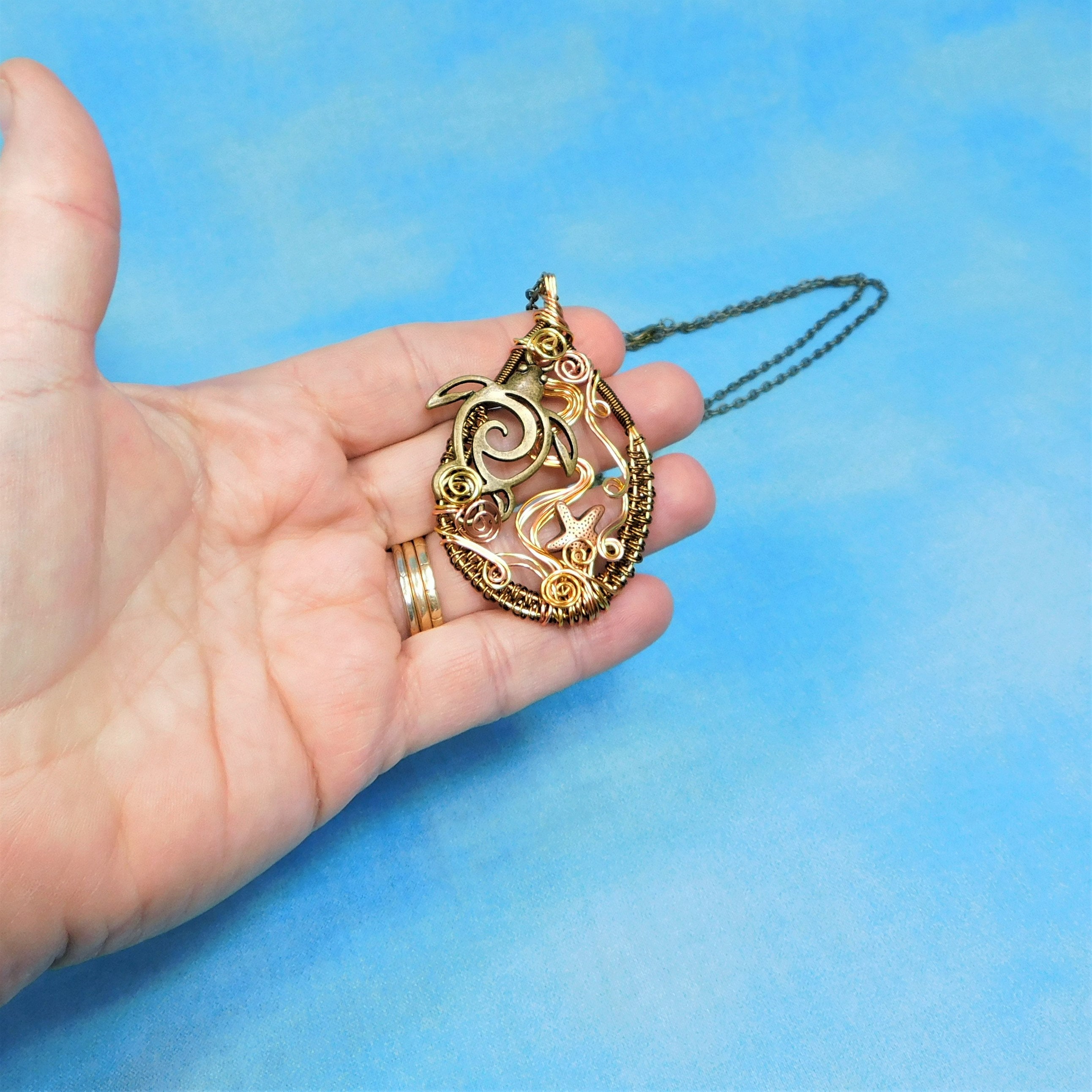Woven Copper Sea Turtle Necklace, Artistic Handmade Wire Wrapped ...