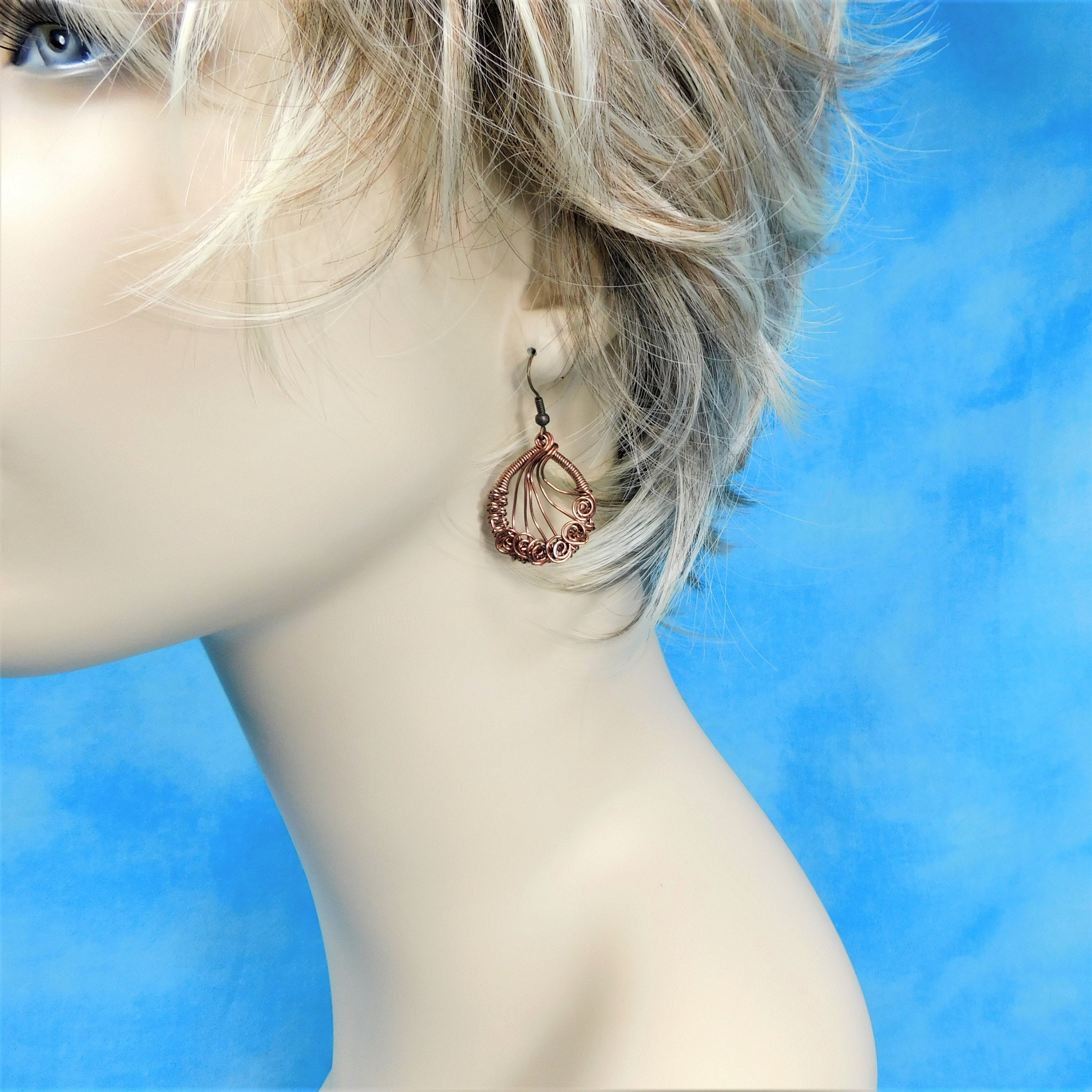 Wire Wrapped Copper Earrings Rustic Handmade Dangles Artisan Crafted