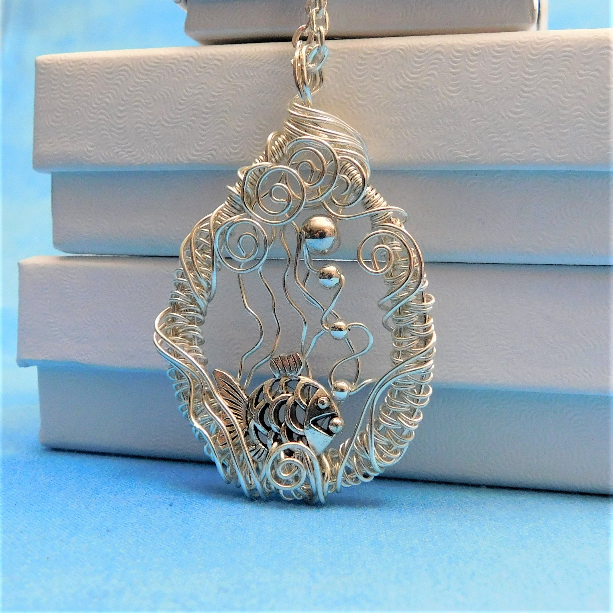 Whimsical Artisan Crafted Fish Necklace, Unique Wire Wrapped Aquatic ...
