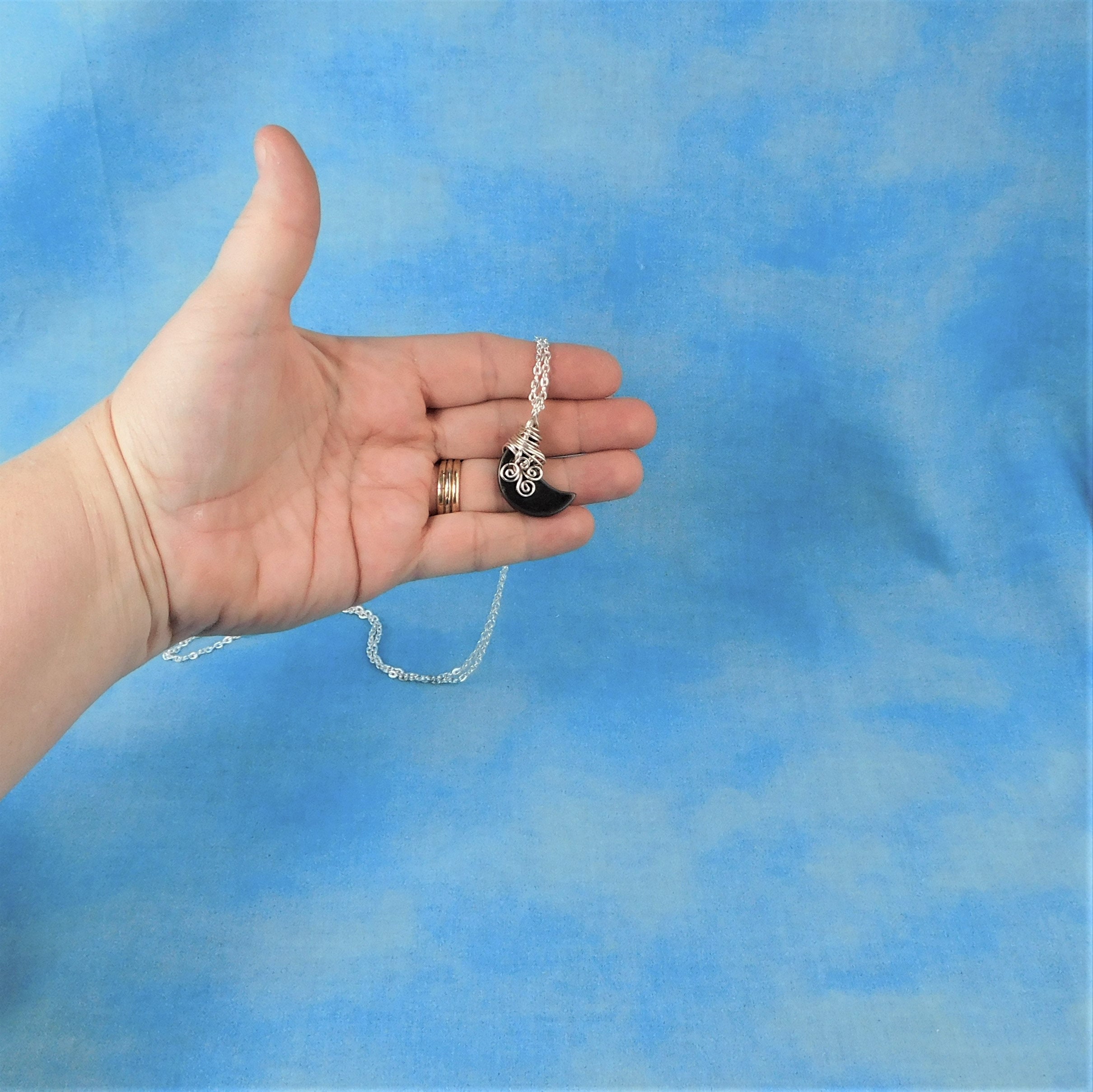 Wire Wrapped Hematite Crescent Moon Necklace, Artistic Handmade Lunar ...