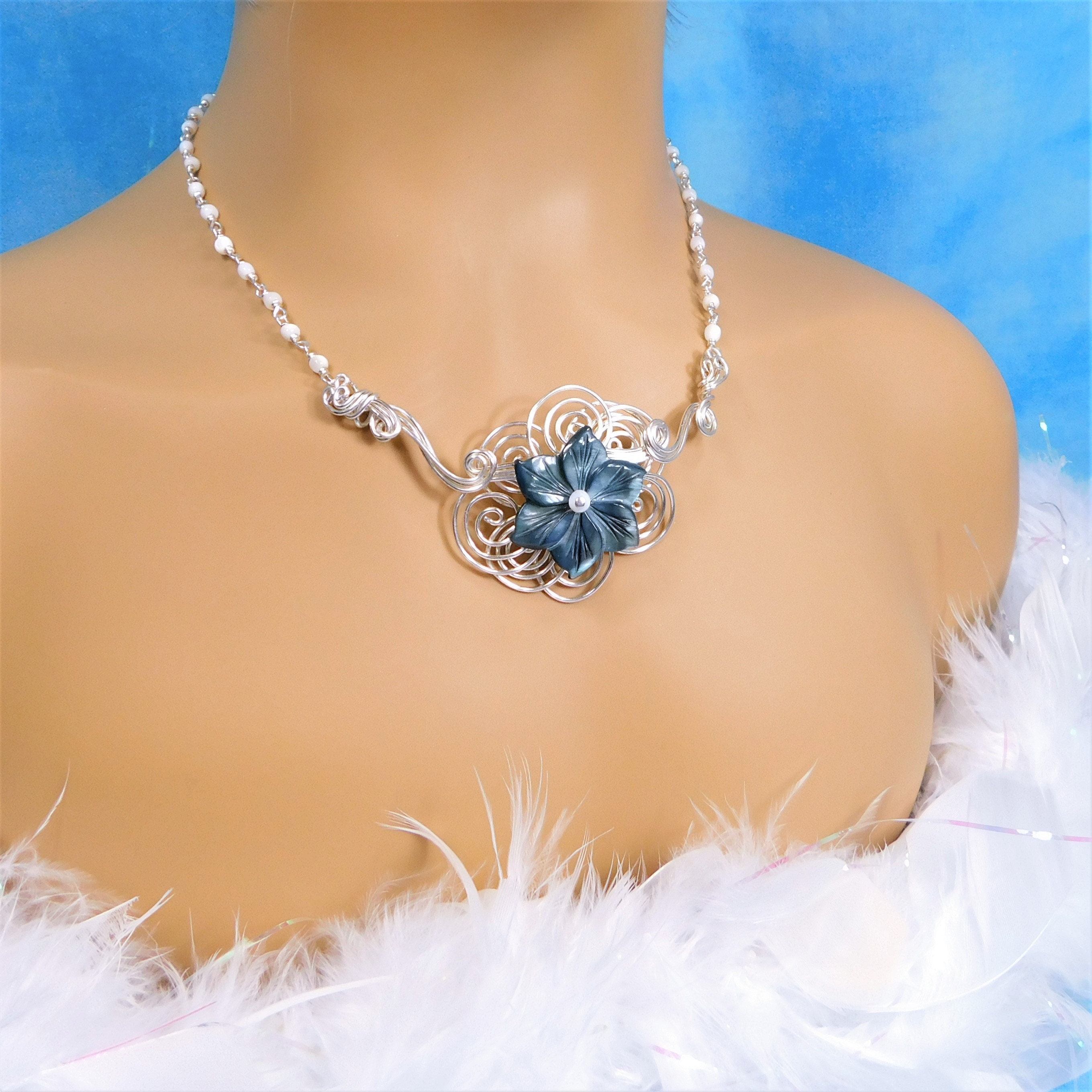 Sculpted Wire Mother Of Pearl Flower Necklace Handmade Gemstone sculpted-wire-mother-of-pearl-flower-necklace-handmade-gemstone