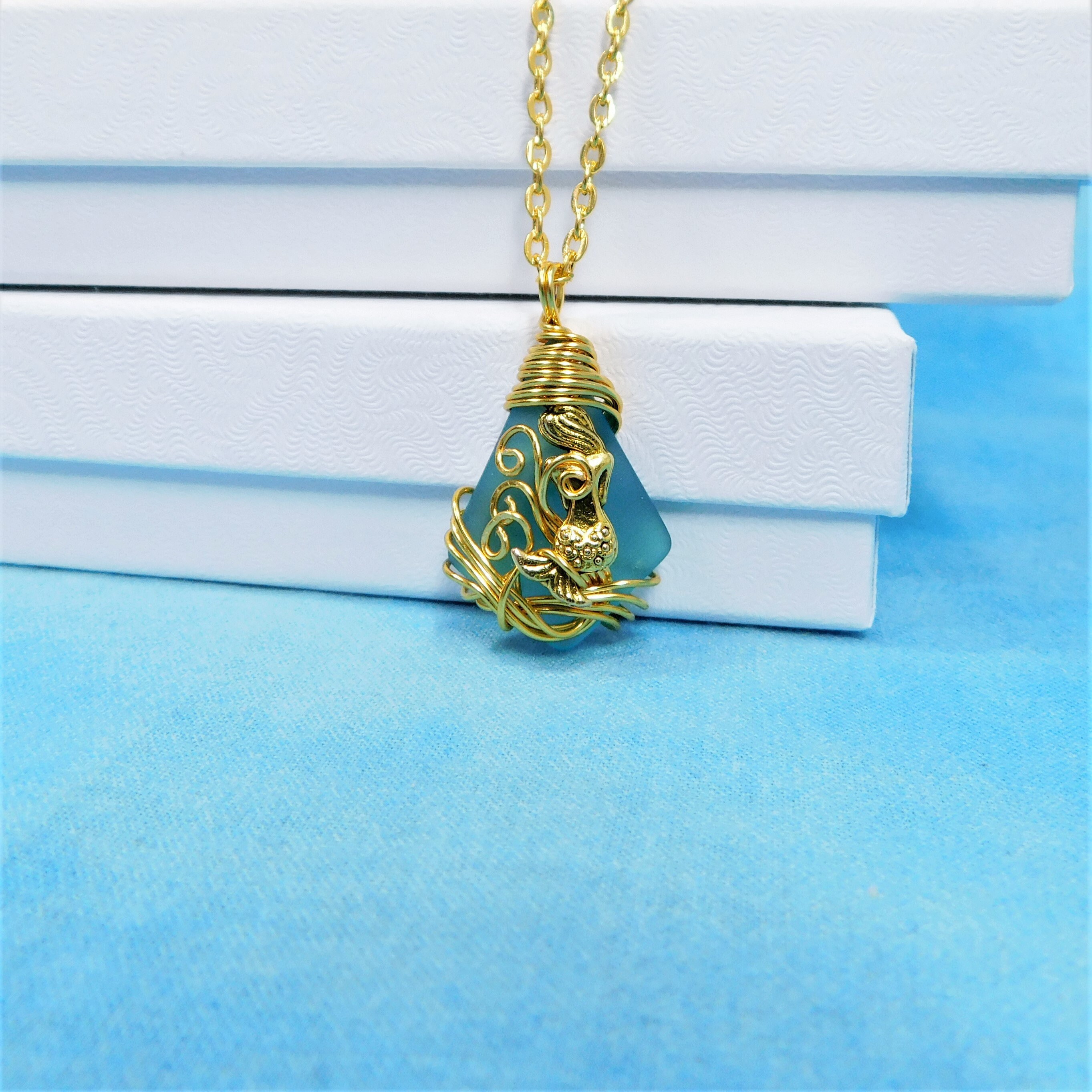 Unique Wire Wrapped Mermaid Necklace, Blue Sea Glass Pendant with ...