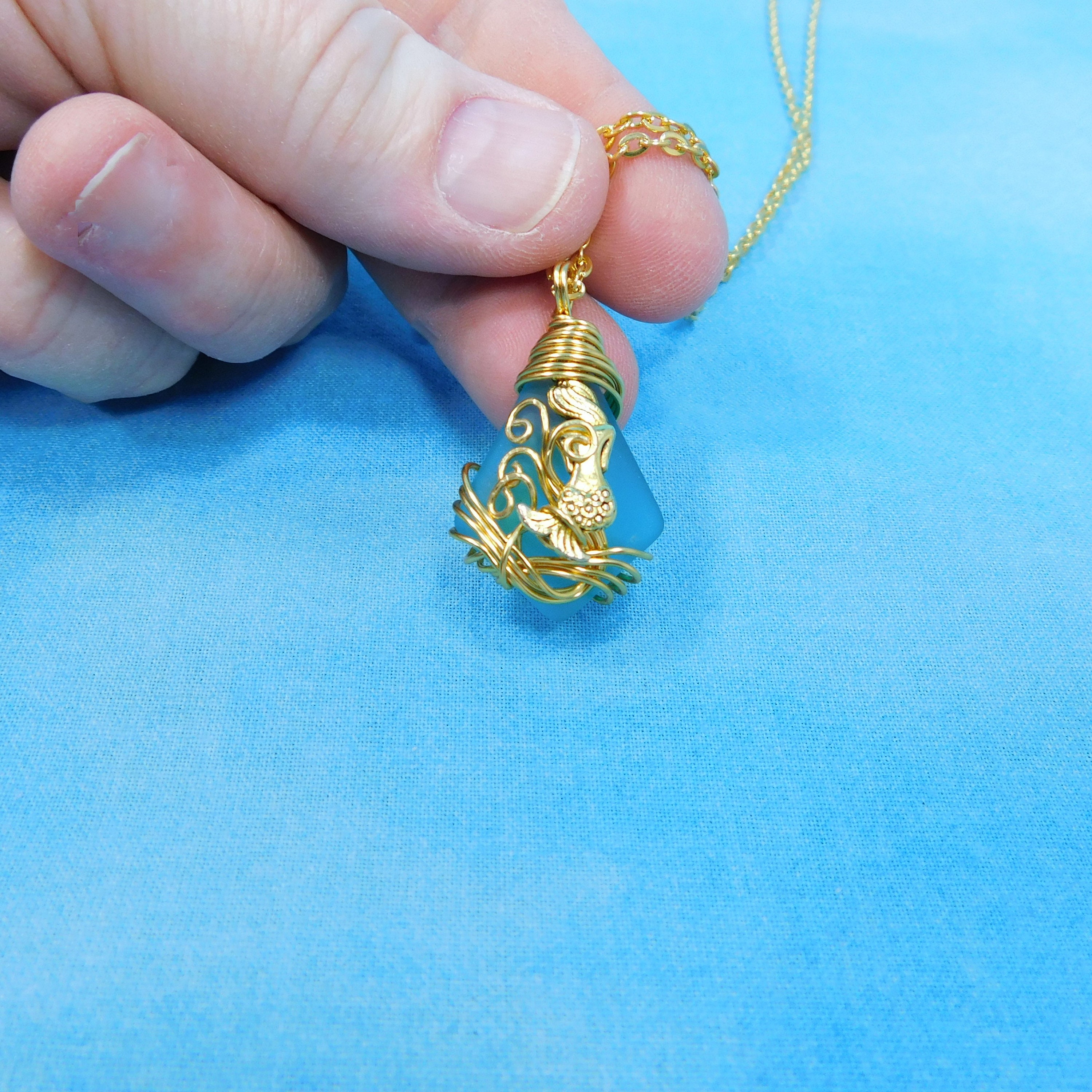 Unique Wire Wrapped Mermaid Necklace, Blue Sea Glass Pendant with ...