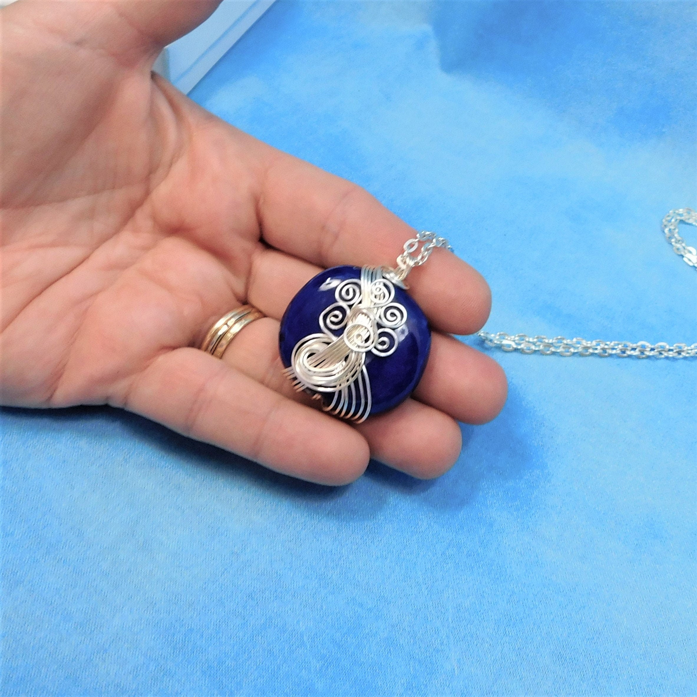 Unique Wire Wrapped Blue Ceramic Pendant, Artisan Crafted Handmade ...