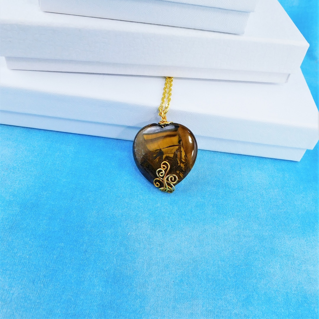Large Wire Wrapped Gemstone Heart Pendant, Unique Artisan Crafted Tiger ...