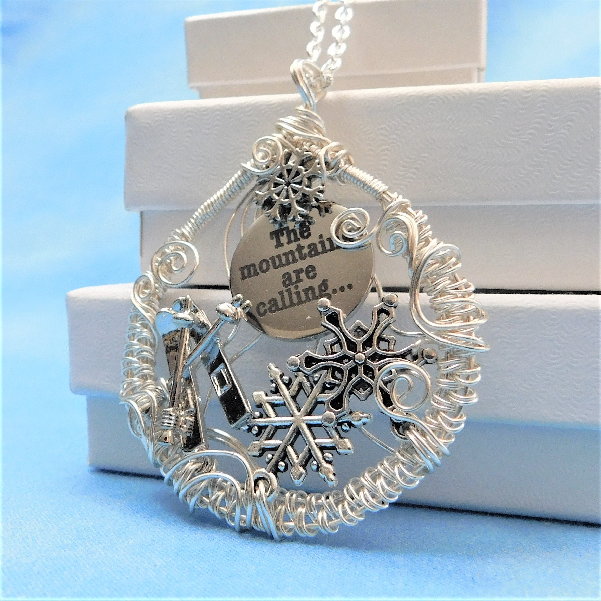 Ski Theme Winter Jewelry Snowflake Necklace, Snow Sports Pendant for ...