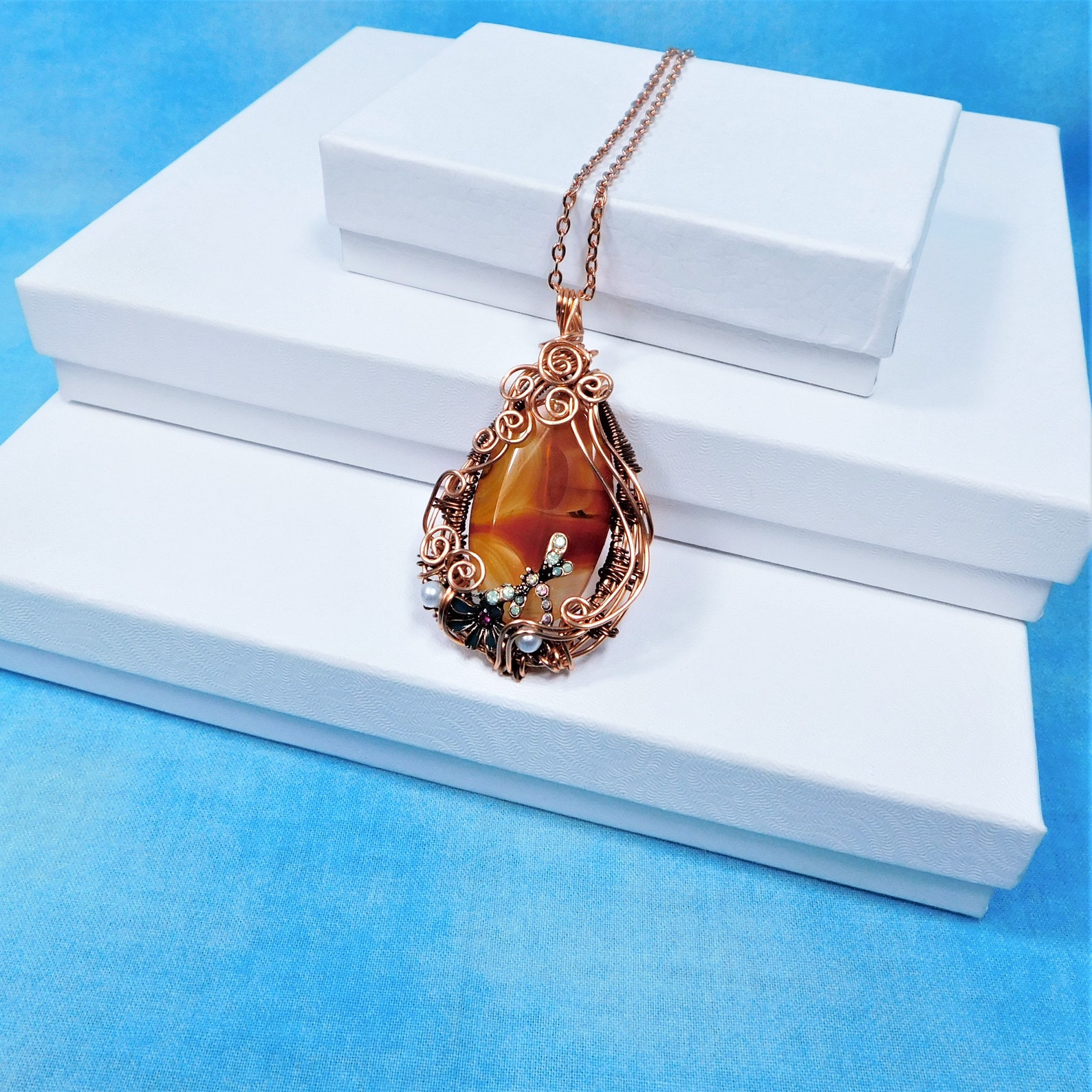 Copper Dragonfly Necklace, Wire Wrapped Agate Pendant, Artistic ...