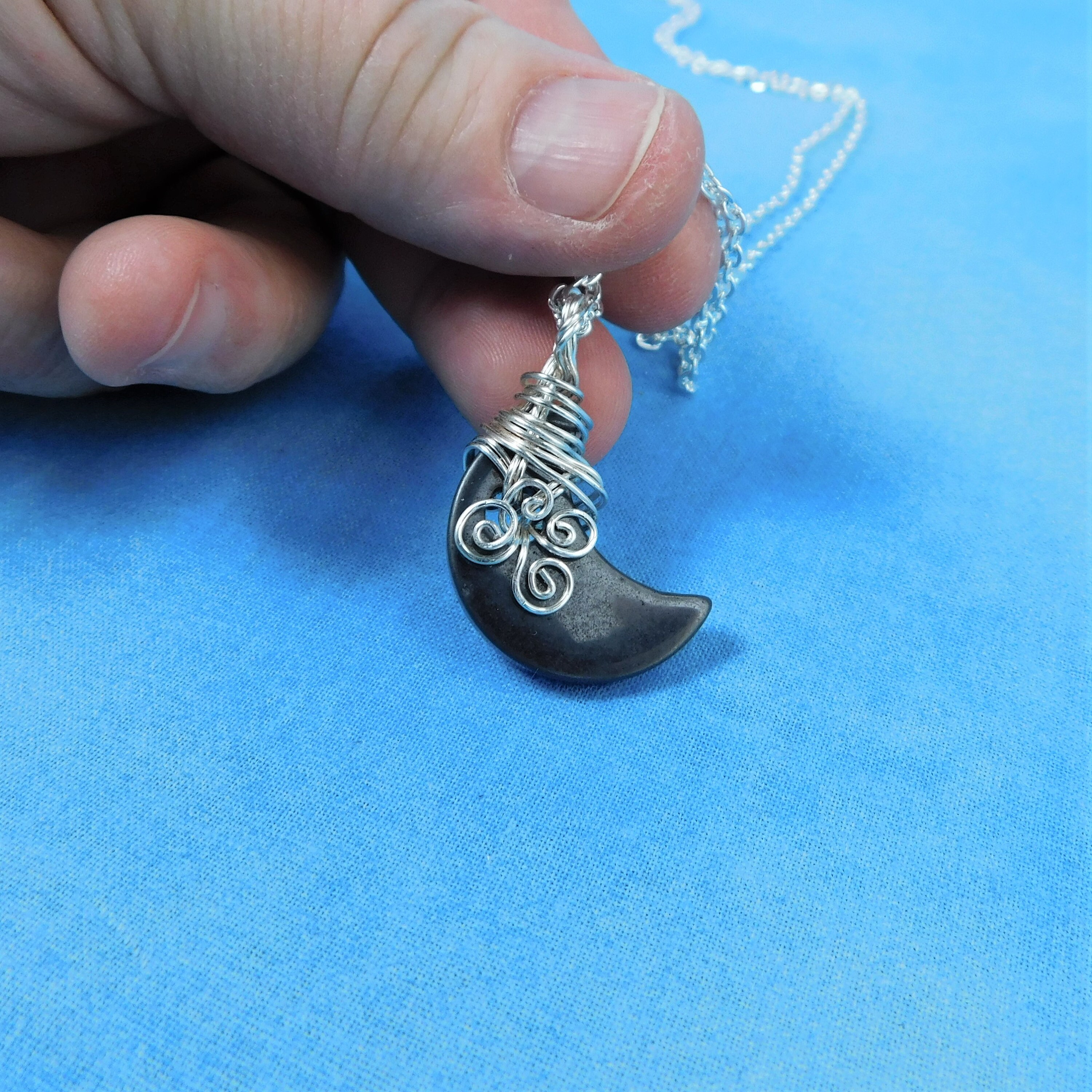 Wire Wrapped Hematite Crescent Moon Necklace, Artistic Handmade Lunar ...