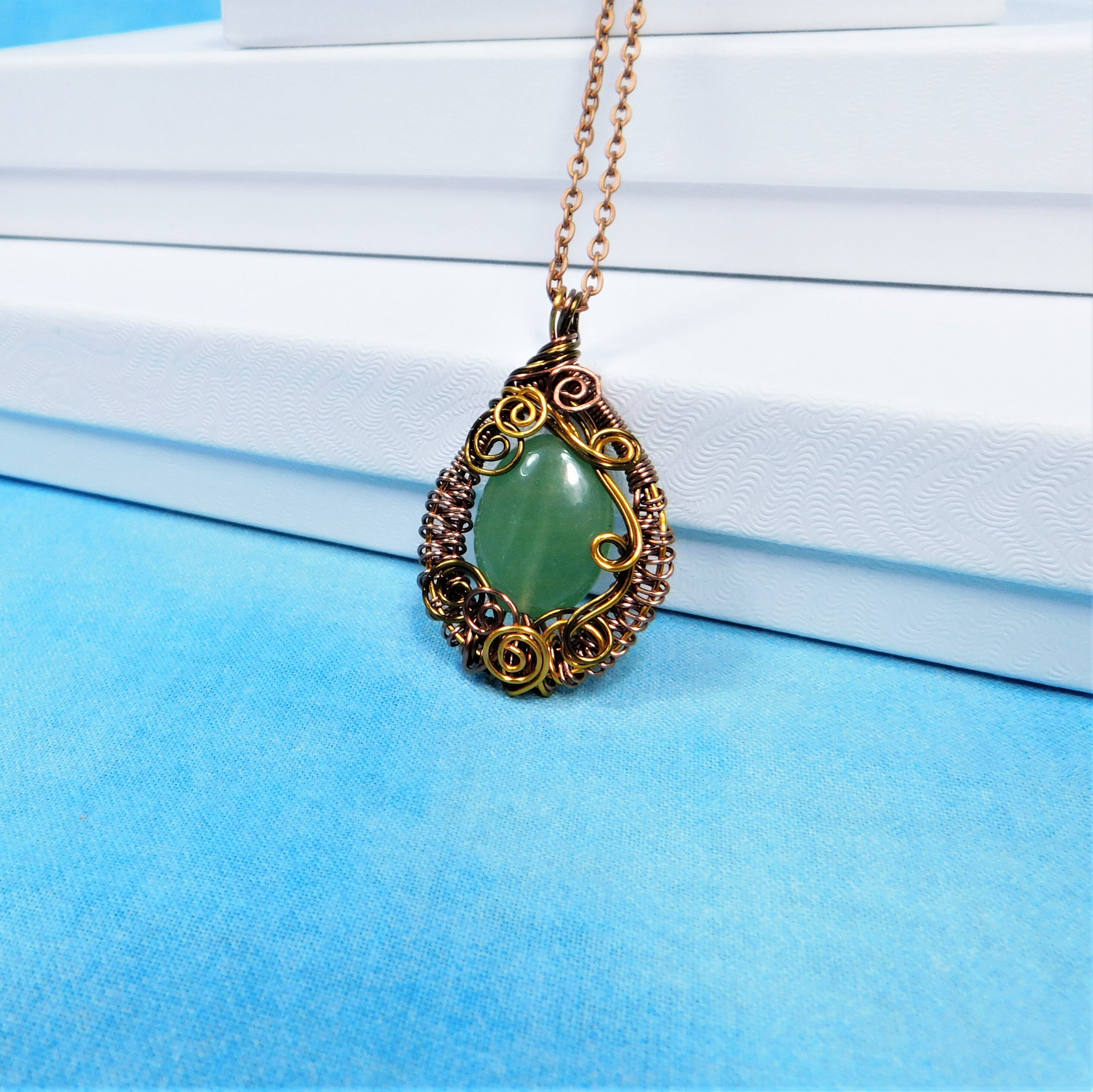 Wire Wrapped Green Jade Pendant, Woven Copper Gemstone Necklace, Unique ...