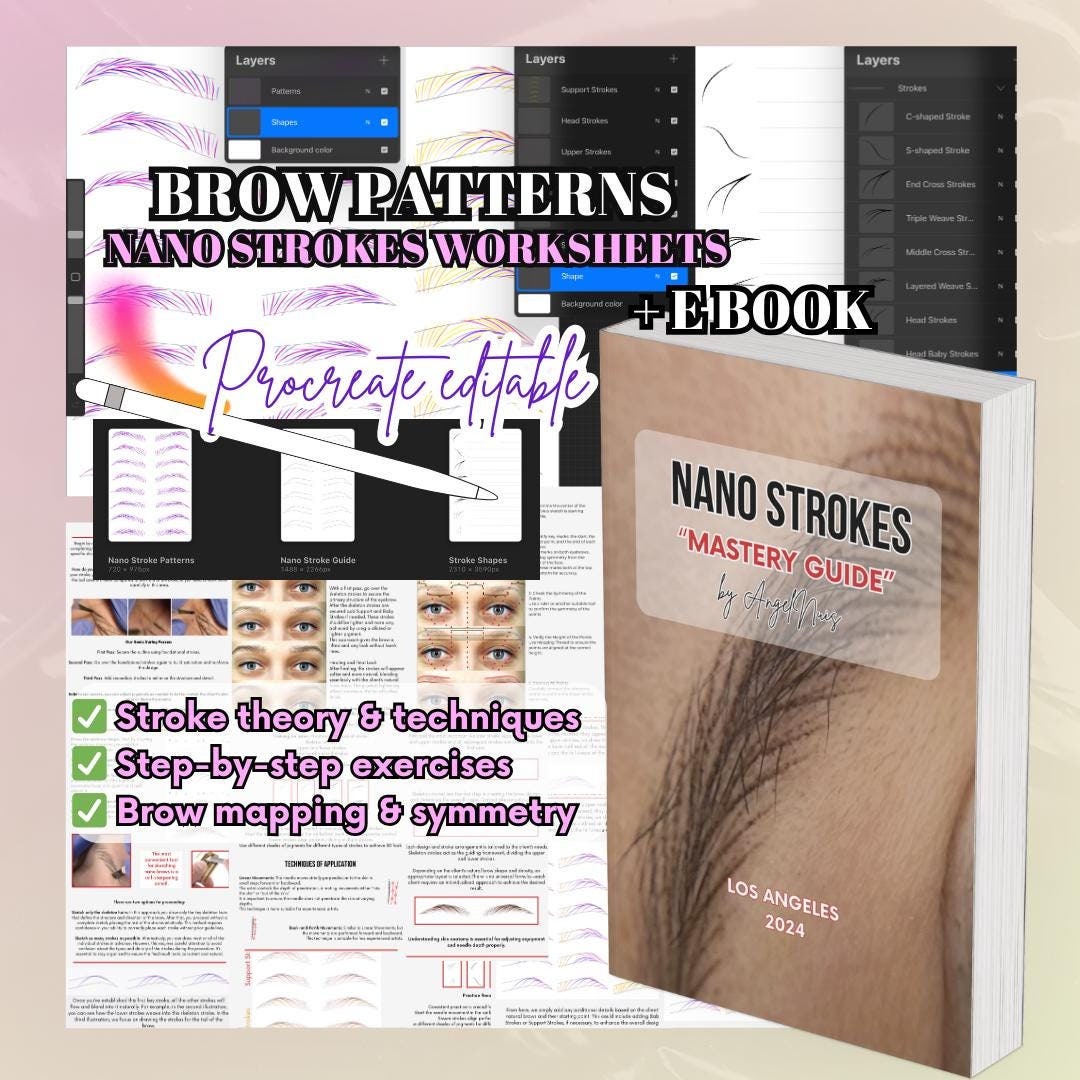Nano Strokes Procreate Patterns Set + E-book Microblading Practice Brow ...