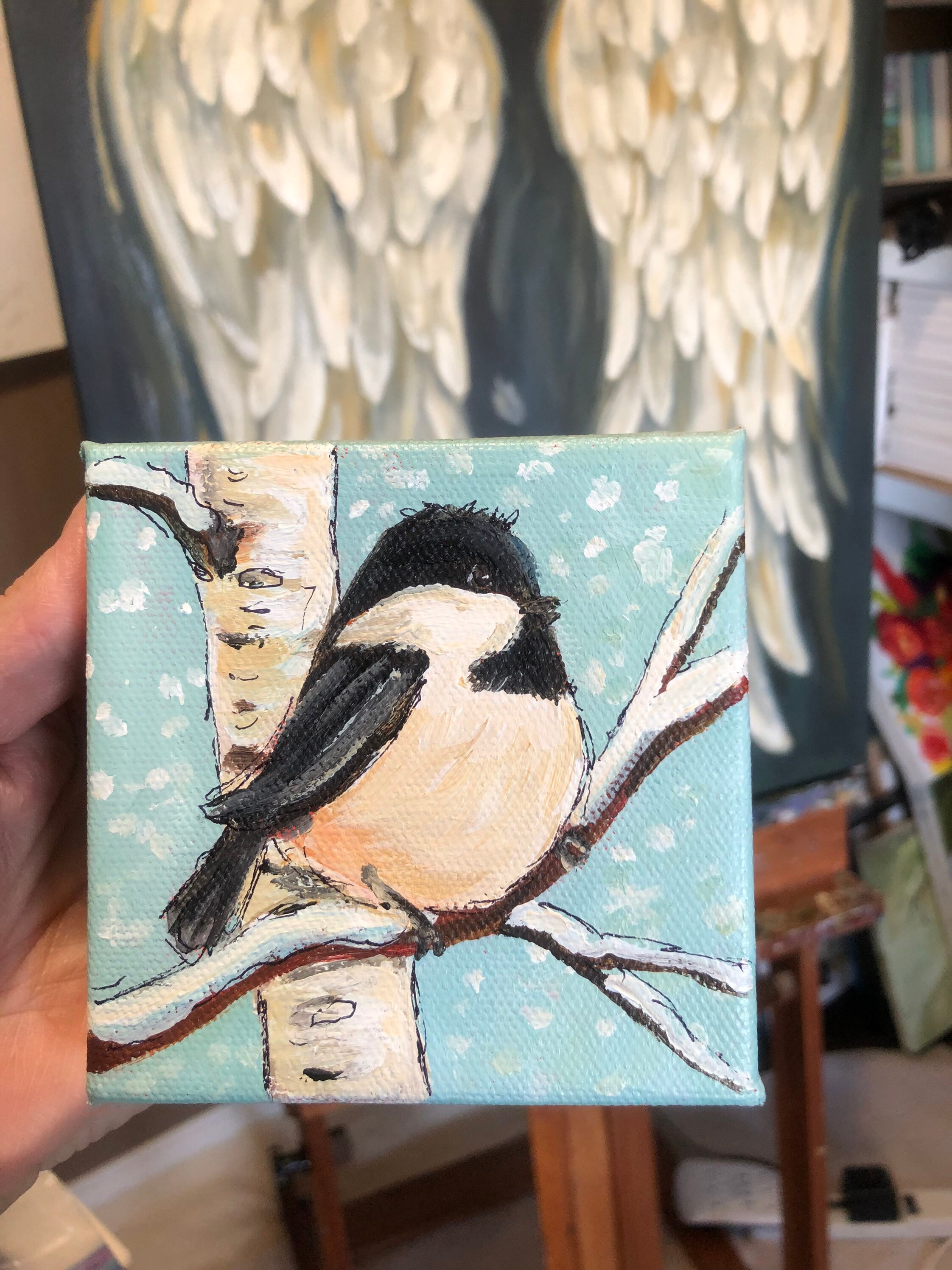 Chickadee Art Painting a Tiny Chickadee Painting on 4x4 Inch Canvas in ...