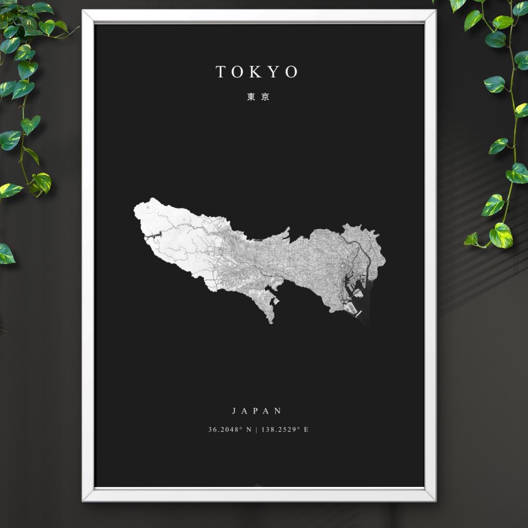 Minimalist Tokyo Map, Dark Theme Map of Japan, City of Tokyo, Tokyo Map ...