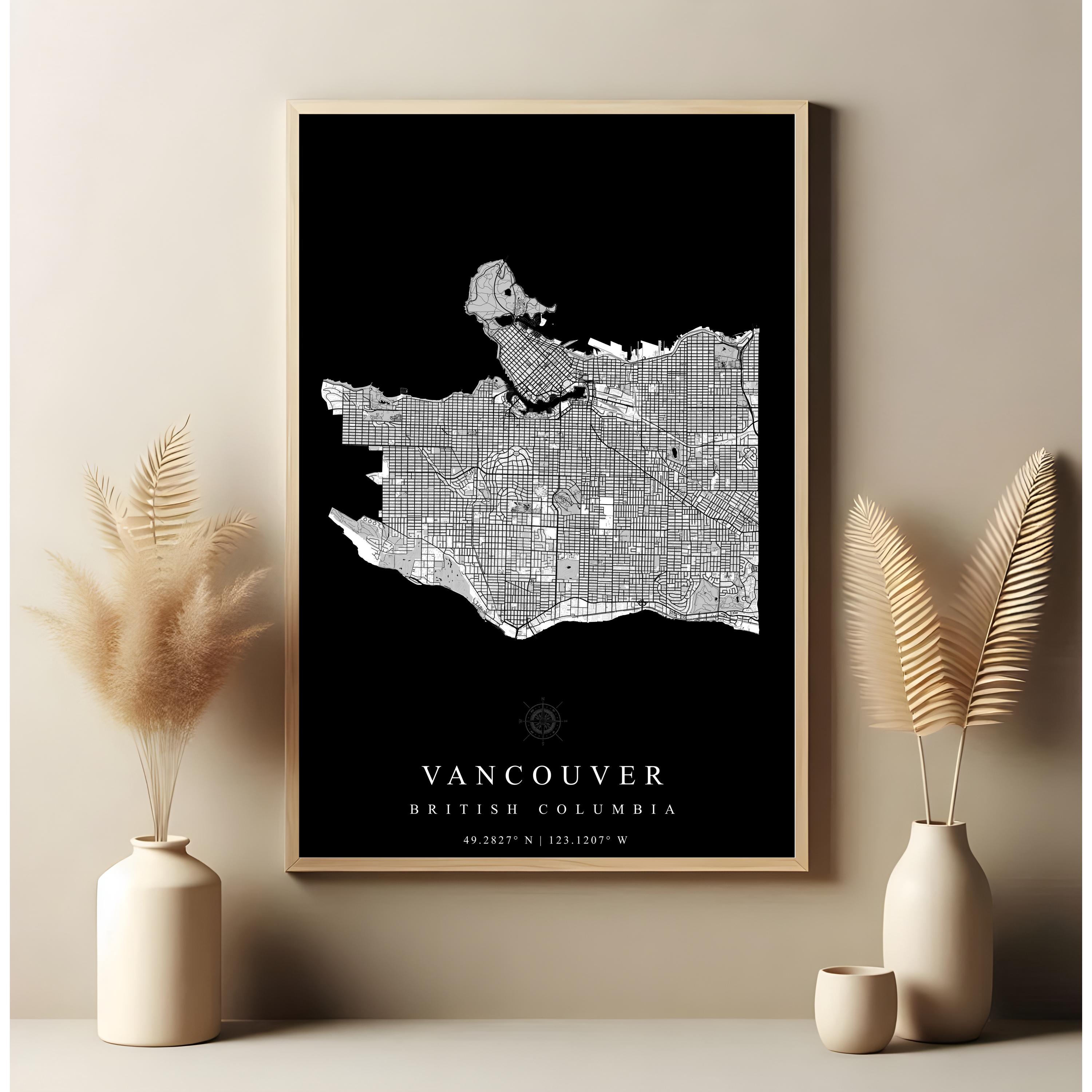 Vancouver Dark Theme Map, Minimalist Design, Black Background, City Art ...