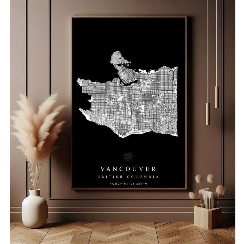 Vancouver Dark Theme Map, Minimalist Design, Black Background, City Art ...