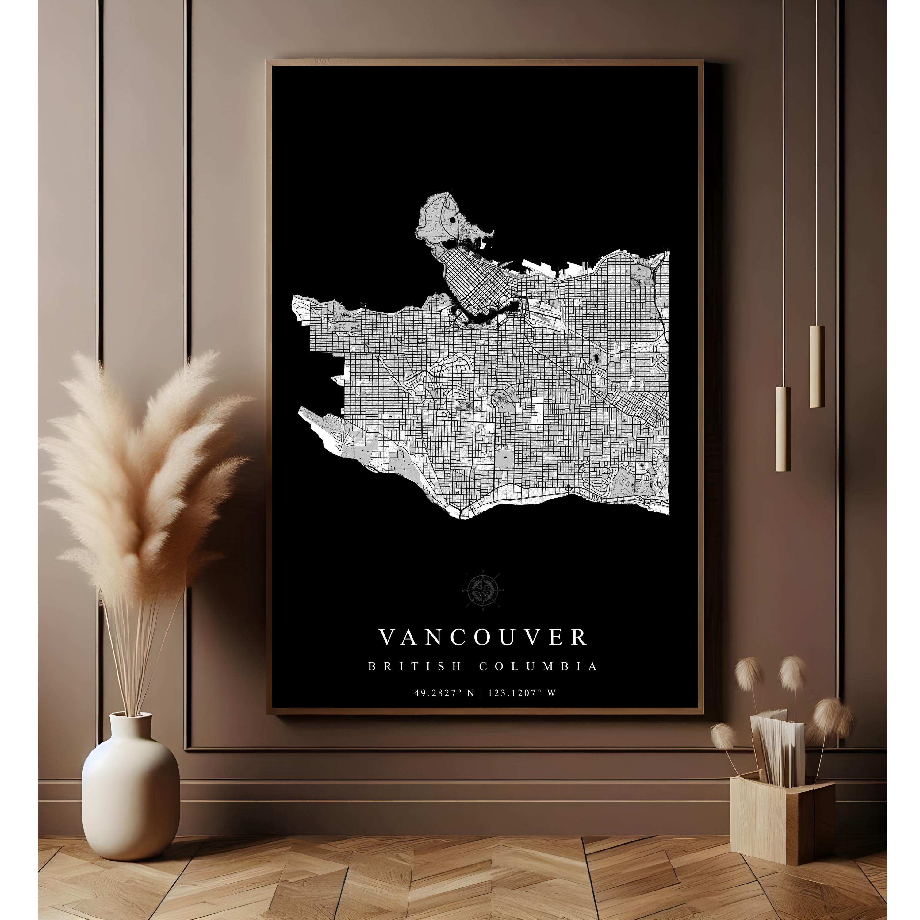 Vancouver Dark Theme Map, Minimalist Design, Black Background, City Art ...