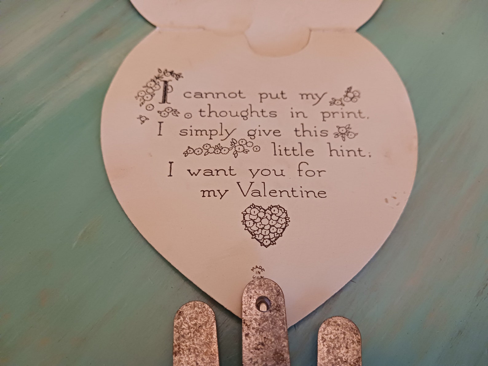 TIN HEART HAND W/ Juvinal Valentine ,vintage 1960's School Valentine ...