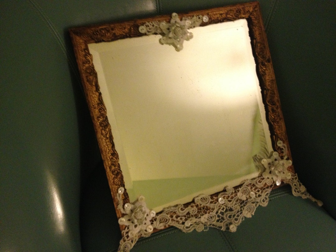 EMBELLISHED BEVELED MIRROR, Victorian Square Mirror,bridal Gift,cottage ...