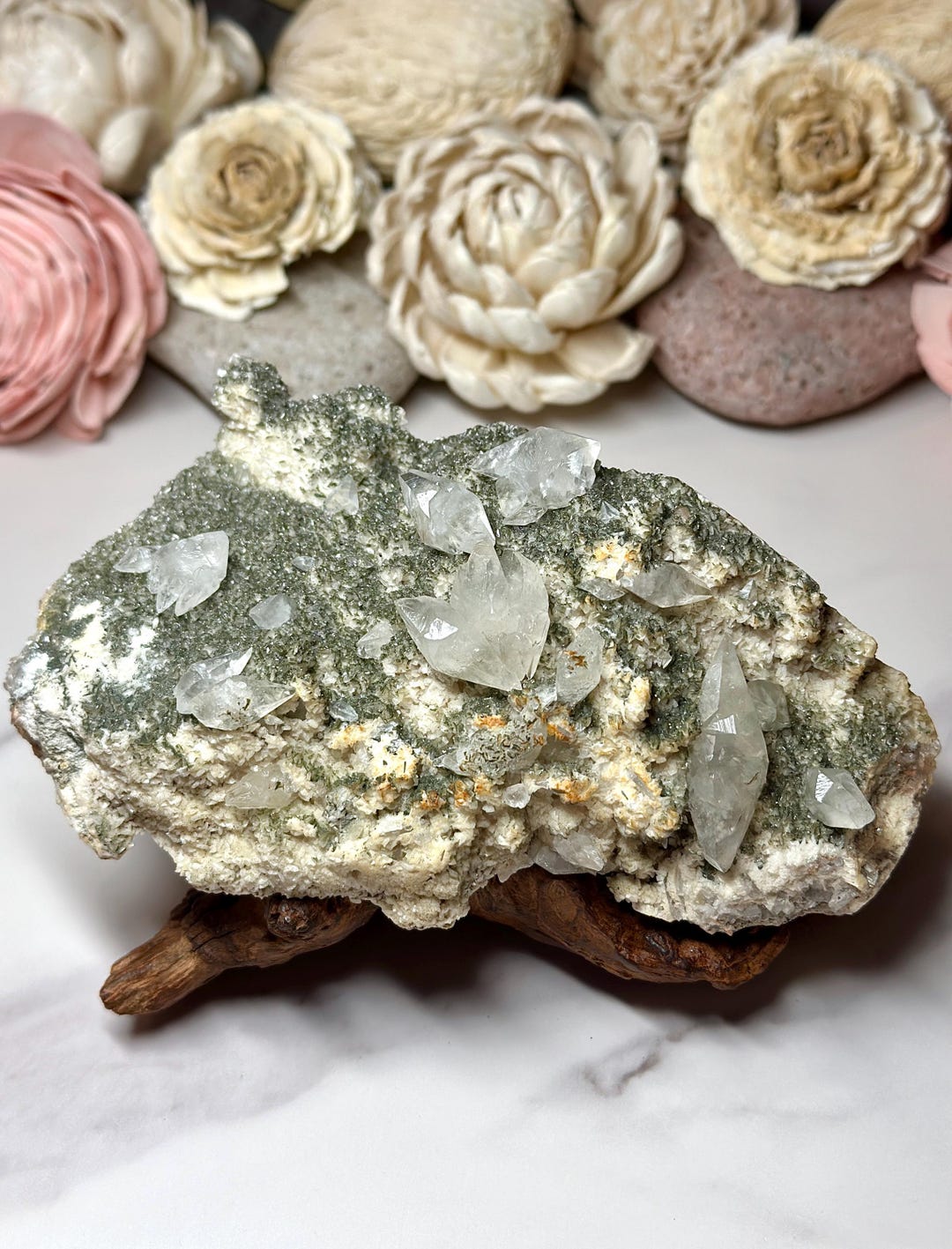 Epidote With Calcite Crystals on Matrix – Green and Clear Raw Mineral ...