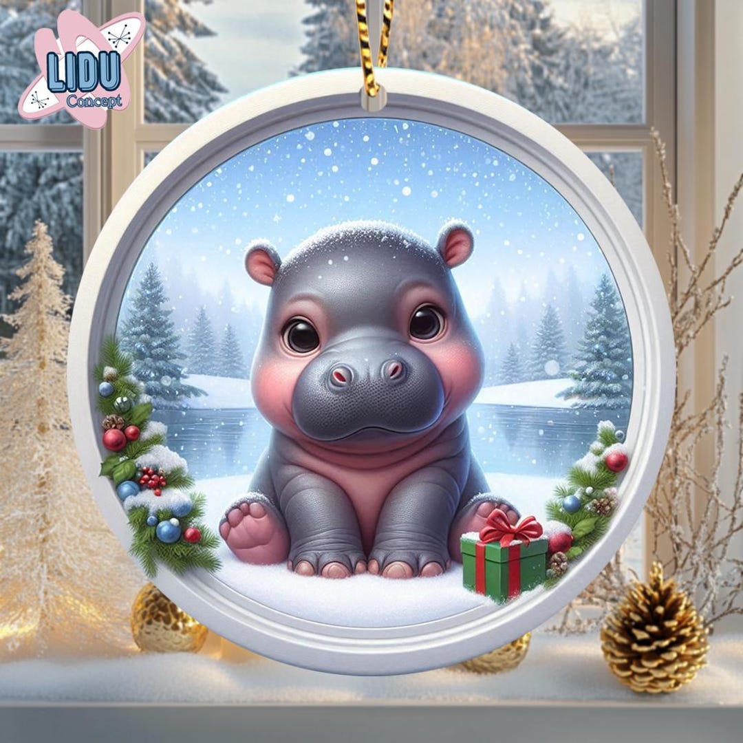 Moo Deng Baby Pygmy Hippo Ceramic Ornament, Hippos Ornament, Holiday ...