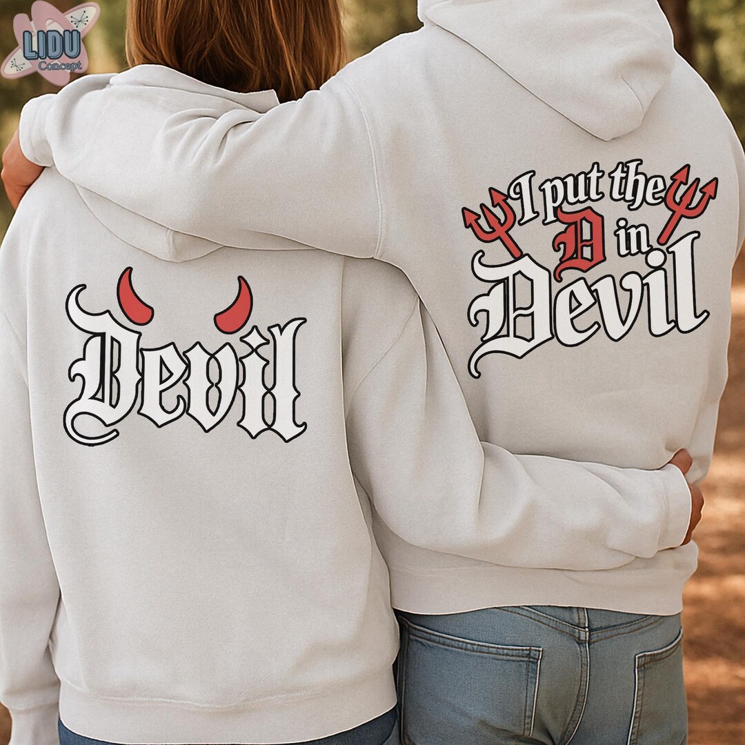 Devil Couple Hoodie Set, Gothic Typography Sweatshirt, Matching Lovers ...