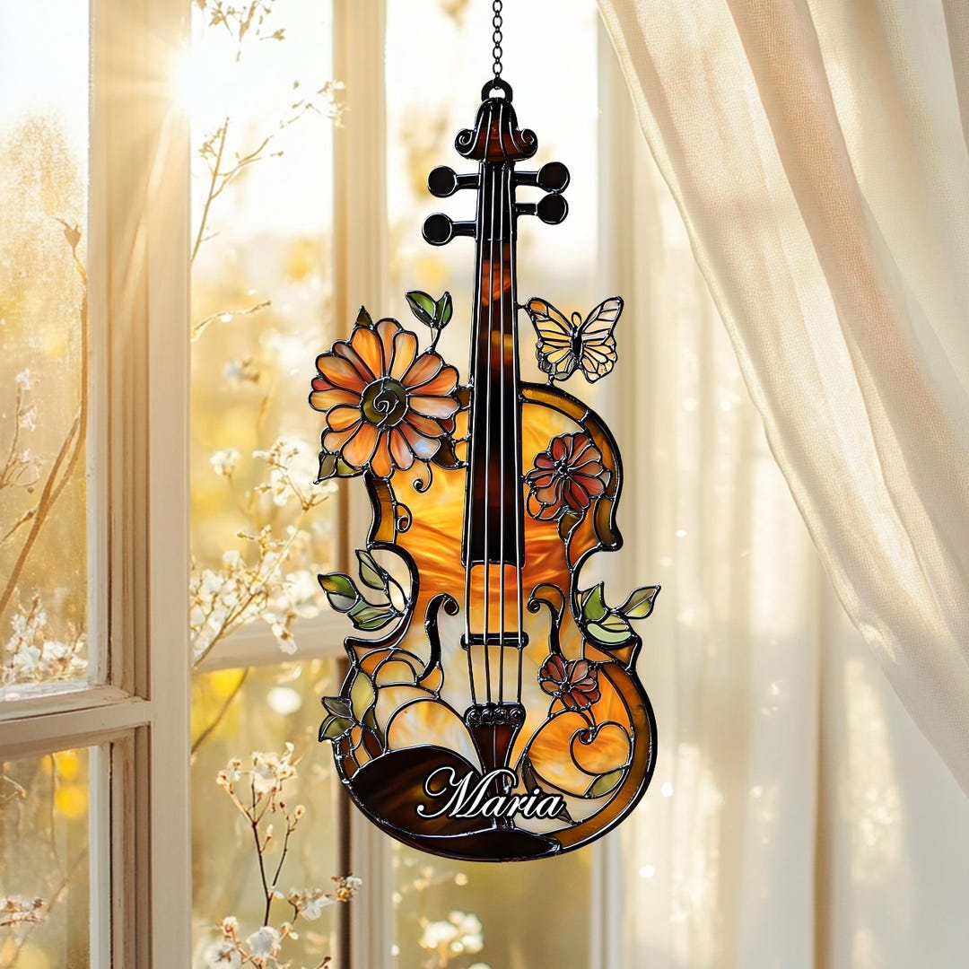 2D Flat Faux Stained Glass Violin Suncatcher, Acrylic Floral Music ...