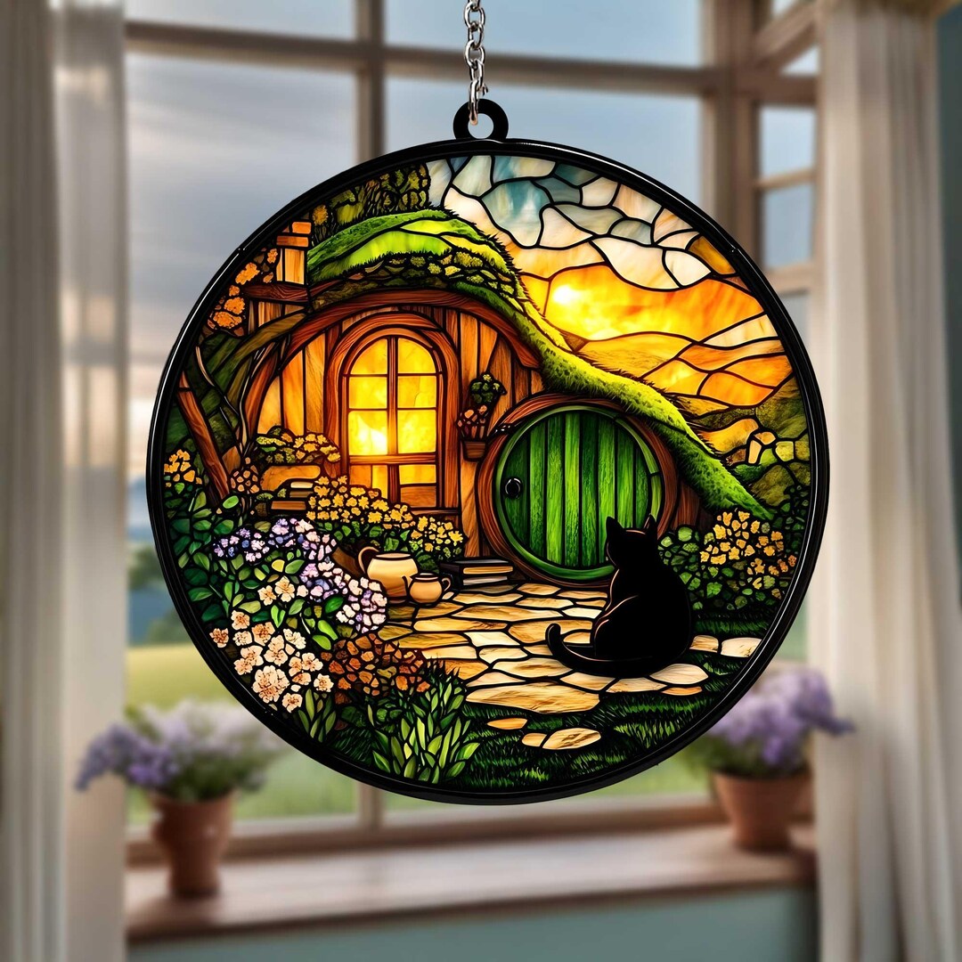 The Shire Faux Stained Glass Decor, Acrylic Cat in Hobbit House Decor ...