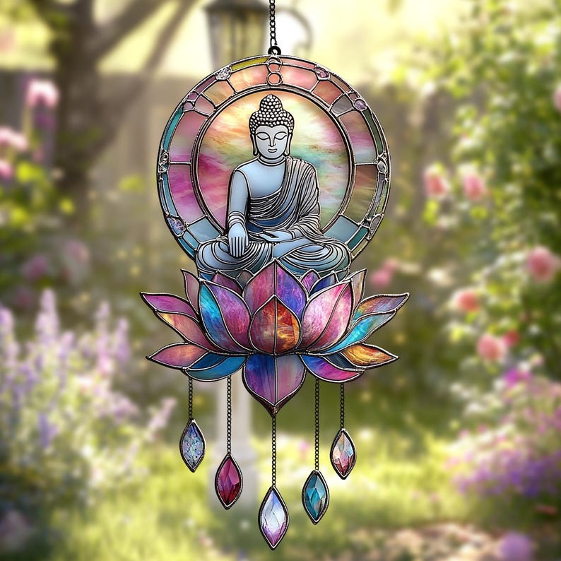 Buddha Meditation Acrylic Suncatcher, Faux Stained Glass Zen Window Art ...