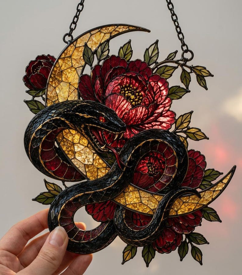 Black Snake Rose Acrylic Window Hanging, Gothic Faux Stained Glass ...