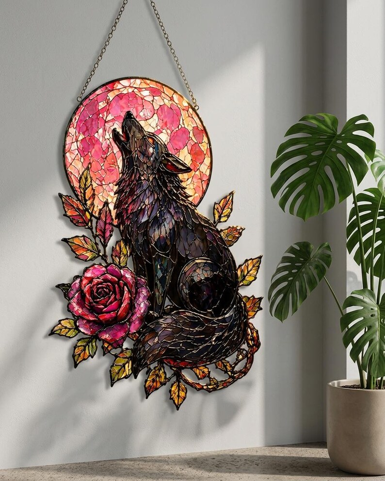 Gothic Wolf Acrylic Suncatcher, Howling Wolf Faux Stained Glass Moon ...