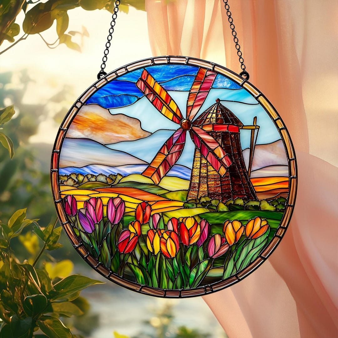 Faux Stained Glass Windmill Suncatcher, Windmill Gift for Mom and Dad ...