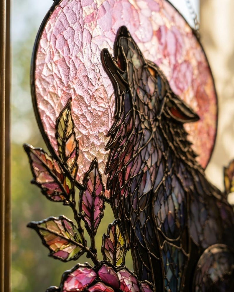 Gothic Wolf Acrylic Suncatcher, Howling Wolf Faux Stained Glass Moon ...